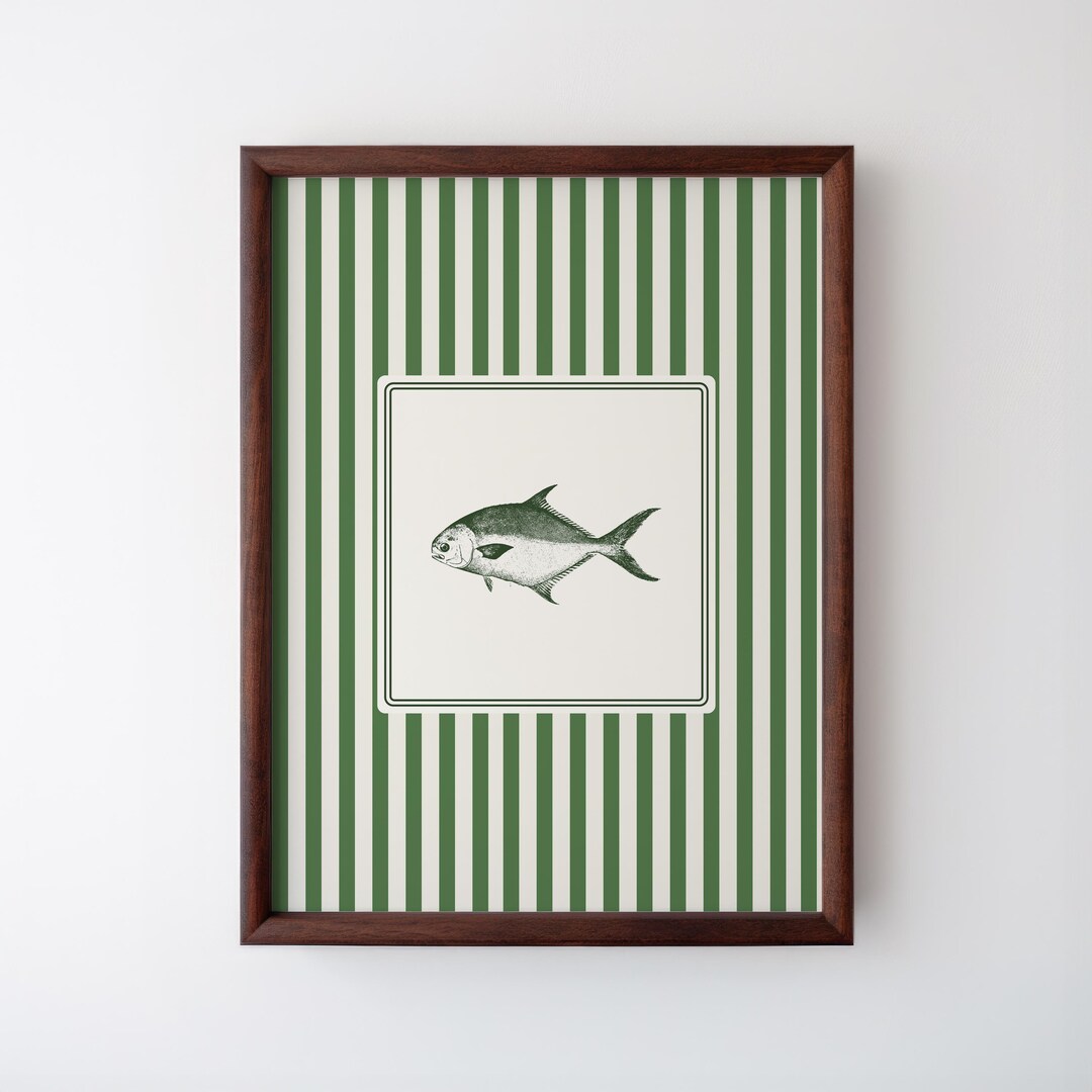 Green Striped Fish Illustration Print: Minimalist Wall Art, Digital ...