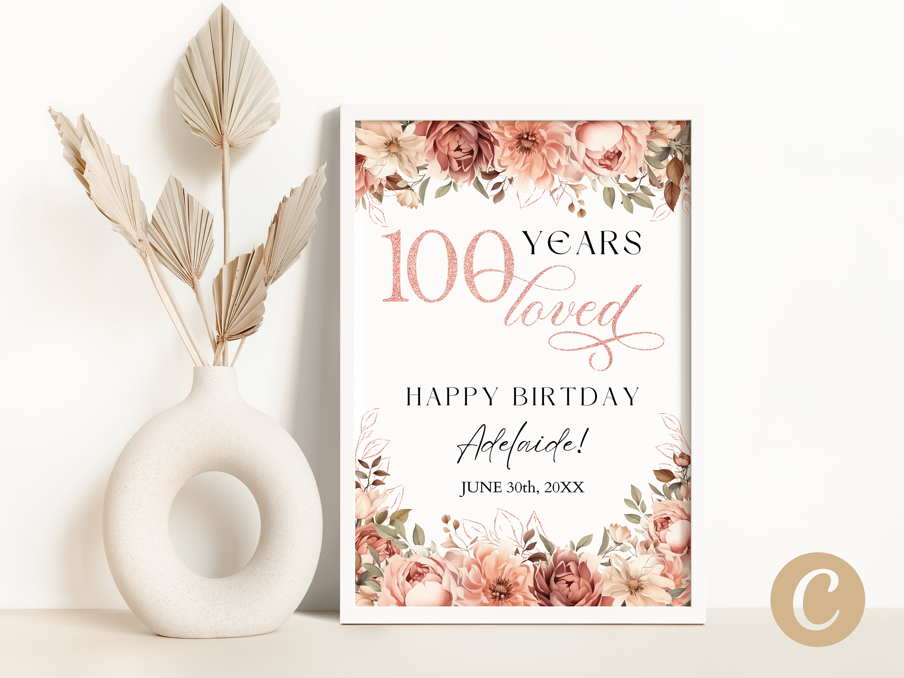 100th Birthday Welcome Sign Template for Mother Grandma Woman, Elegant ...