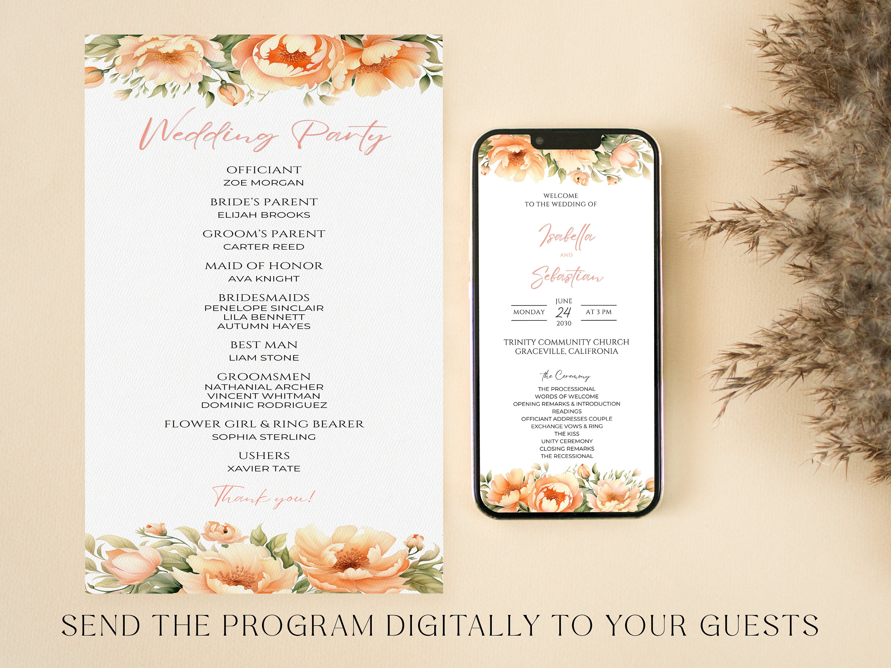 Peach Fuzz Wedding Program Template for Canva, Digital Wedding Program, Elegant Wedding Program ...