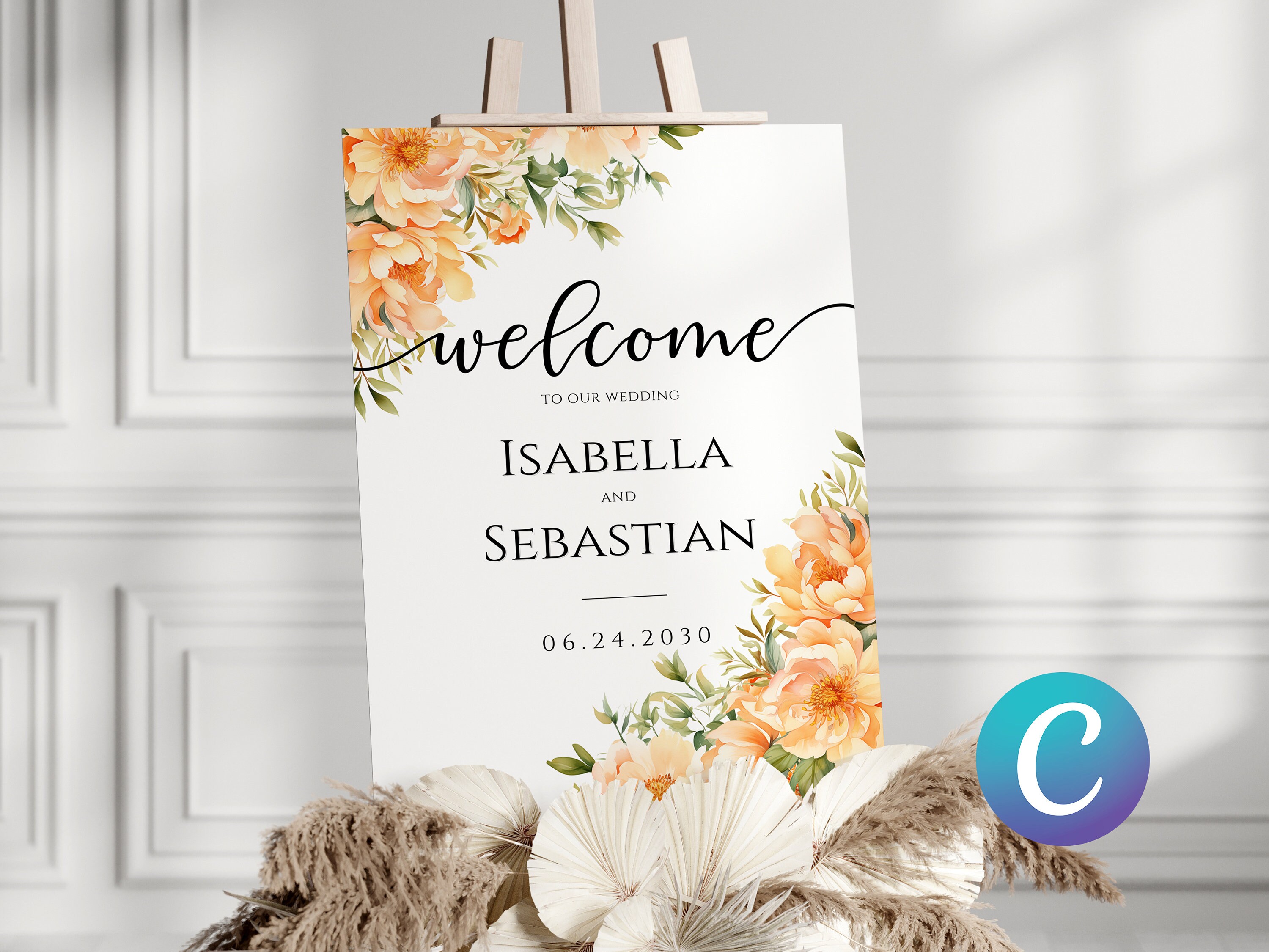 Peach Fuzz Wedding Welcome Sign Template for Canva, Printable Wedding ...