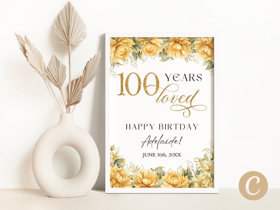 100th Birthday Welcome Sign Template for Mother Grandma Woman, Gold ...