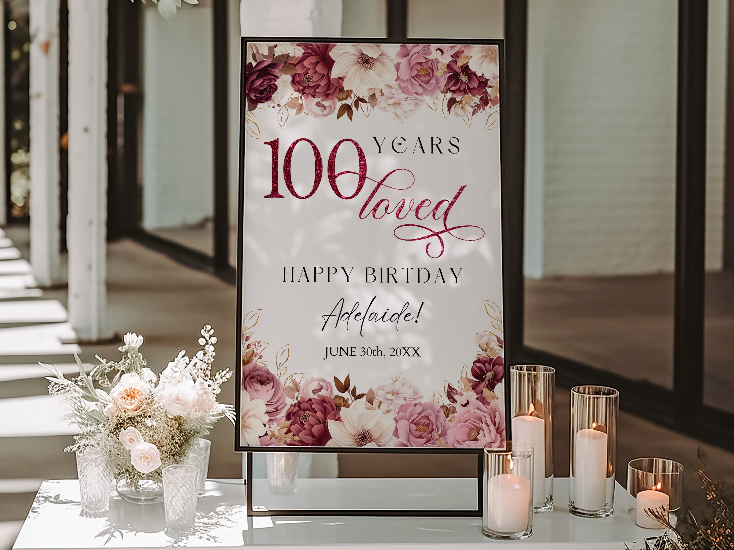 100th Birthday Welcome Sign Template for Mother Grandma, Pink Burgundy ...