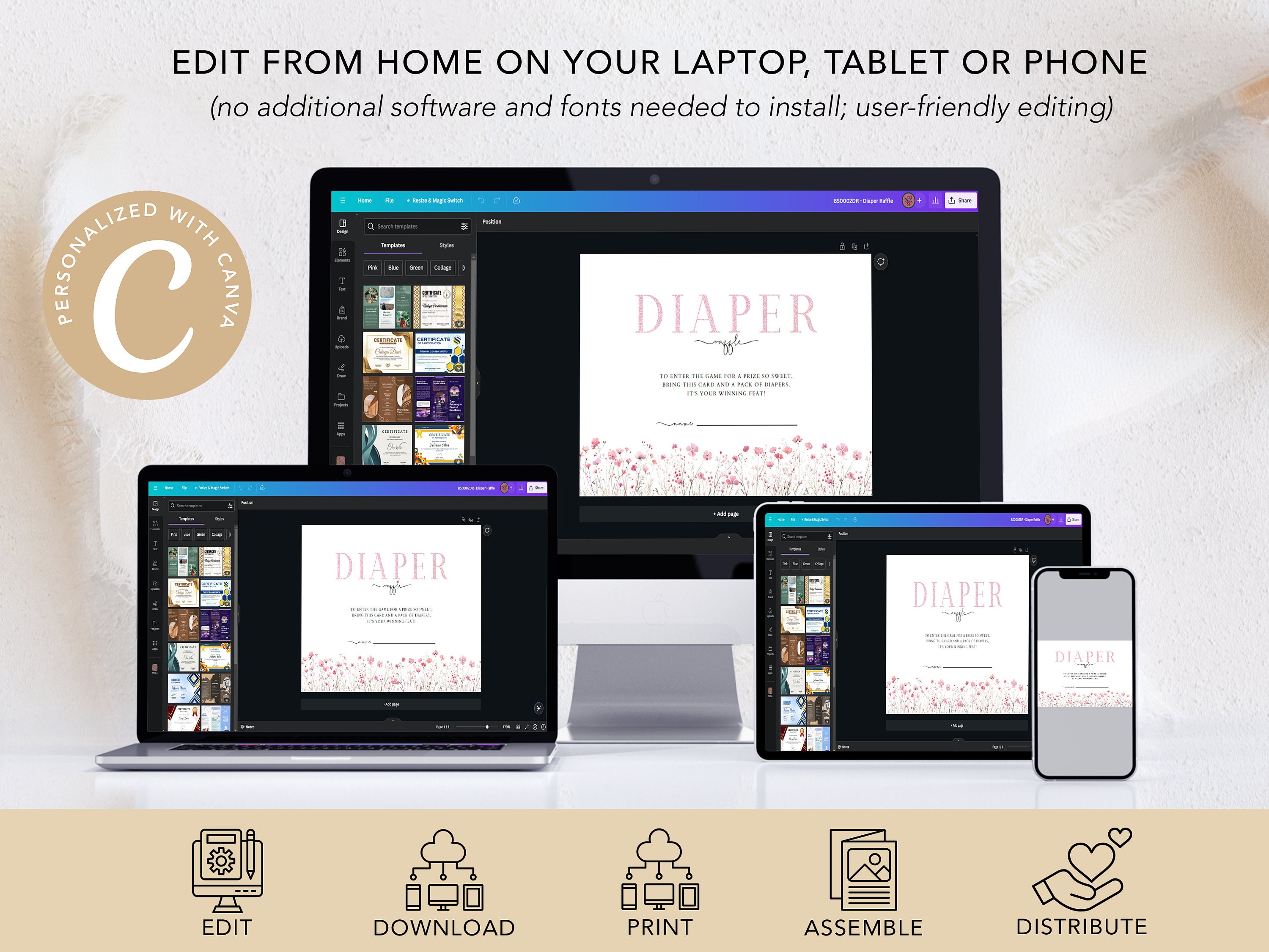 EDITABLE Pink Minimalist Diaper Raffle Game Card Canva Template for ...