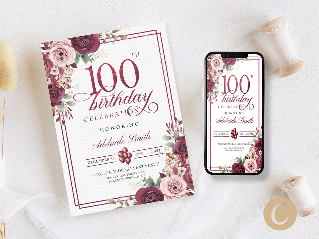 100th Birthday Invitation Canva Template for Mother Grandma, Pink ...