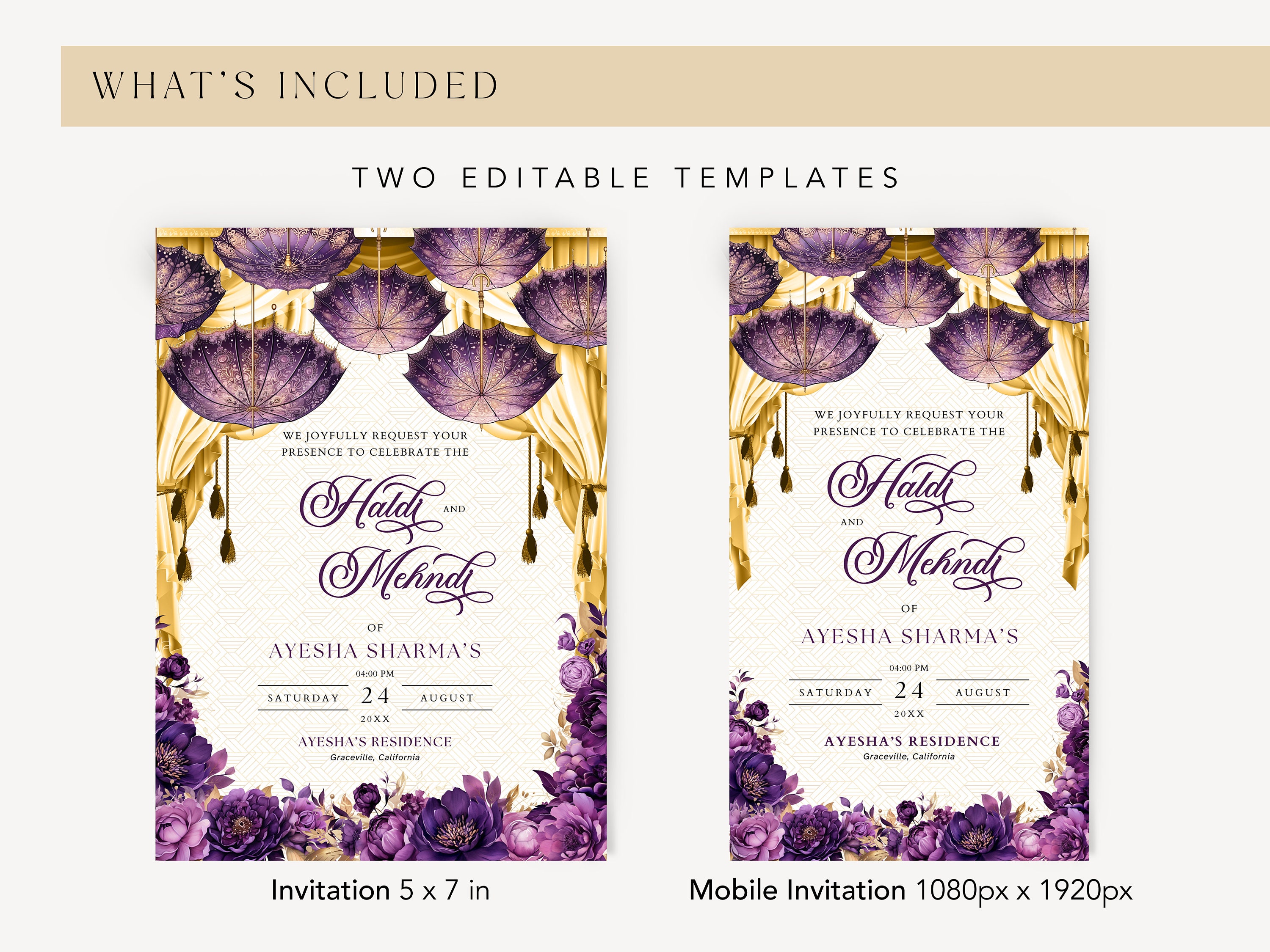 Mehndi Invitation Purple Gold Floral Editable Canva Template for Indian ...