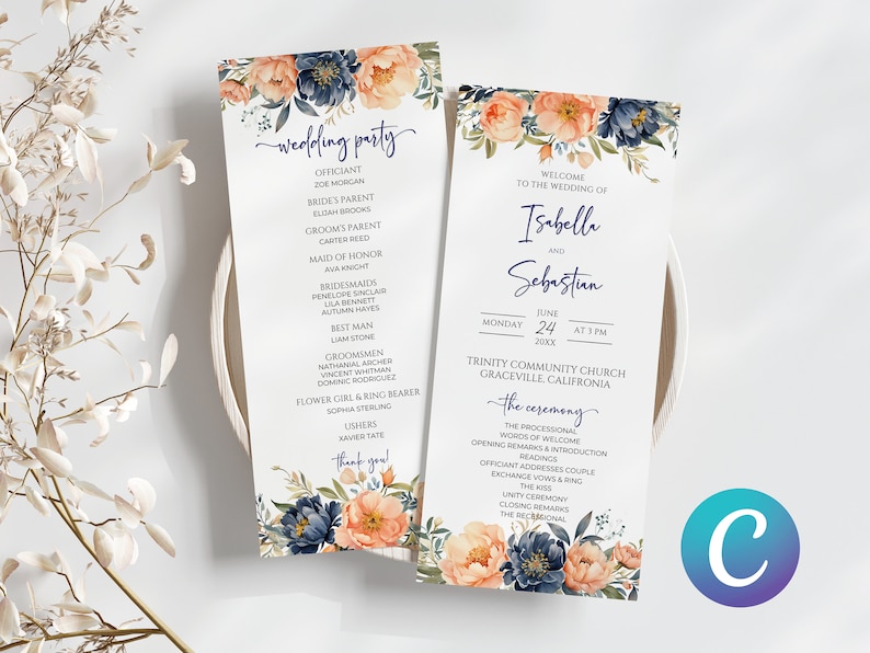 Peach Fuzz & Navy Blue Wedding Program Template Download Canva ...