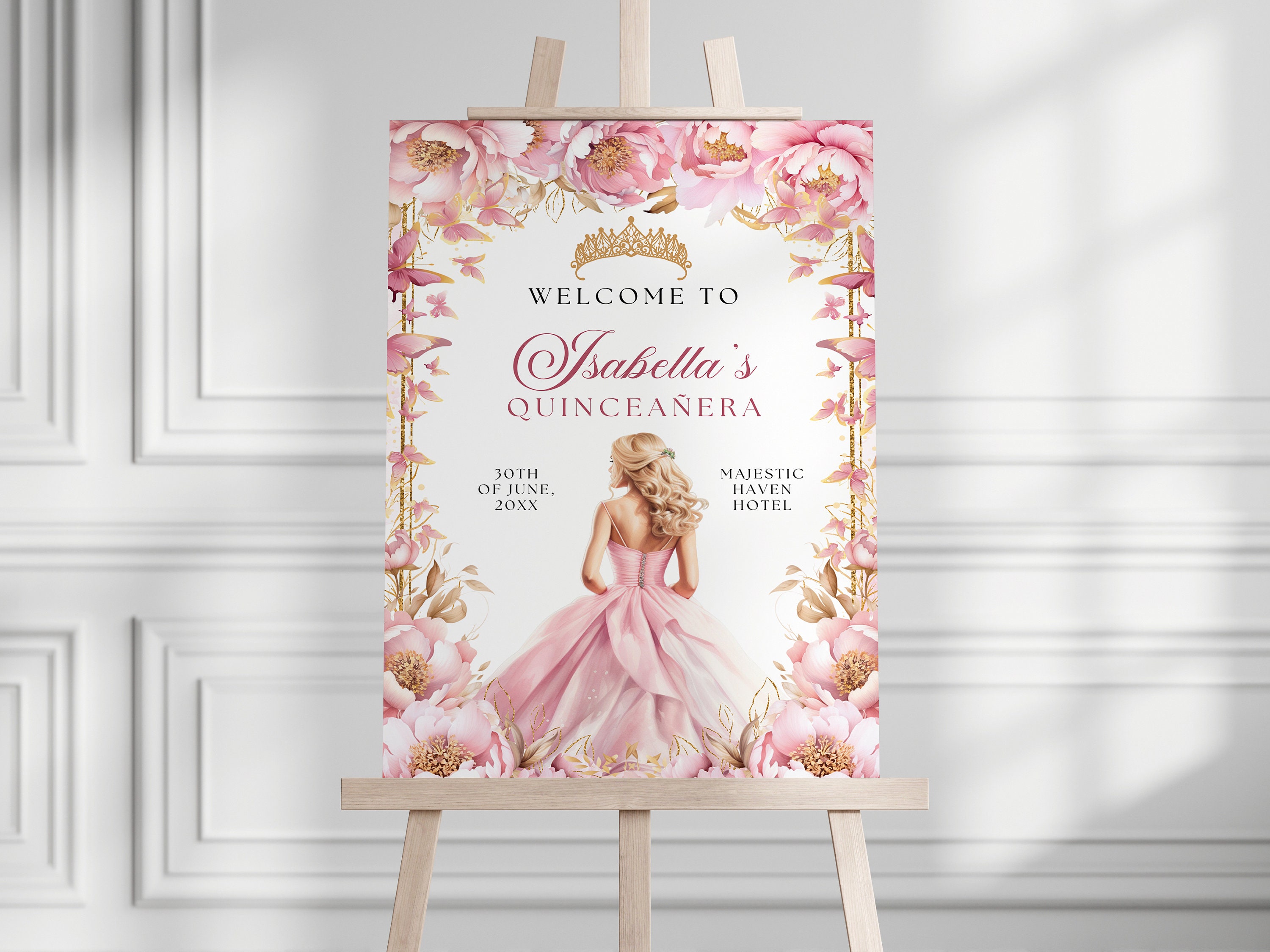 Blush Pink Gold Floral Butterfly Princess Coquette Quinceanera Welcome ...