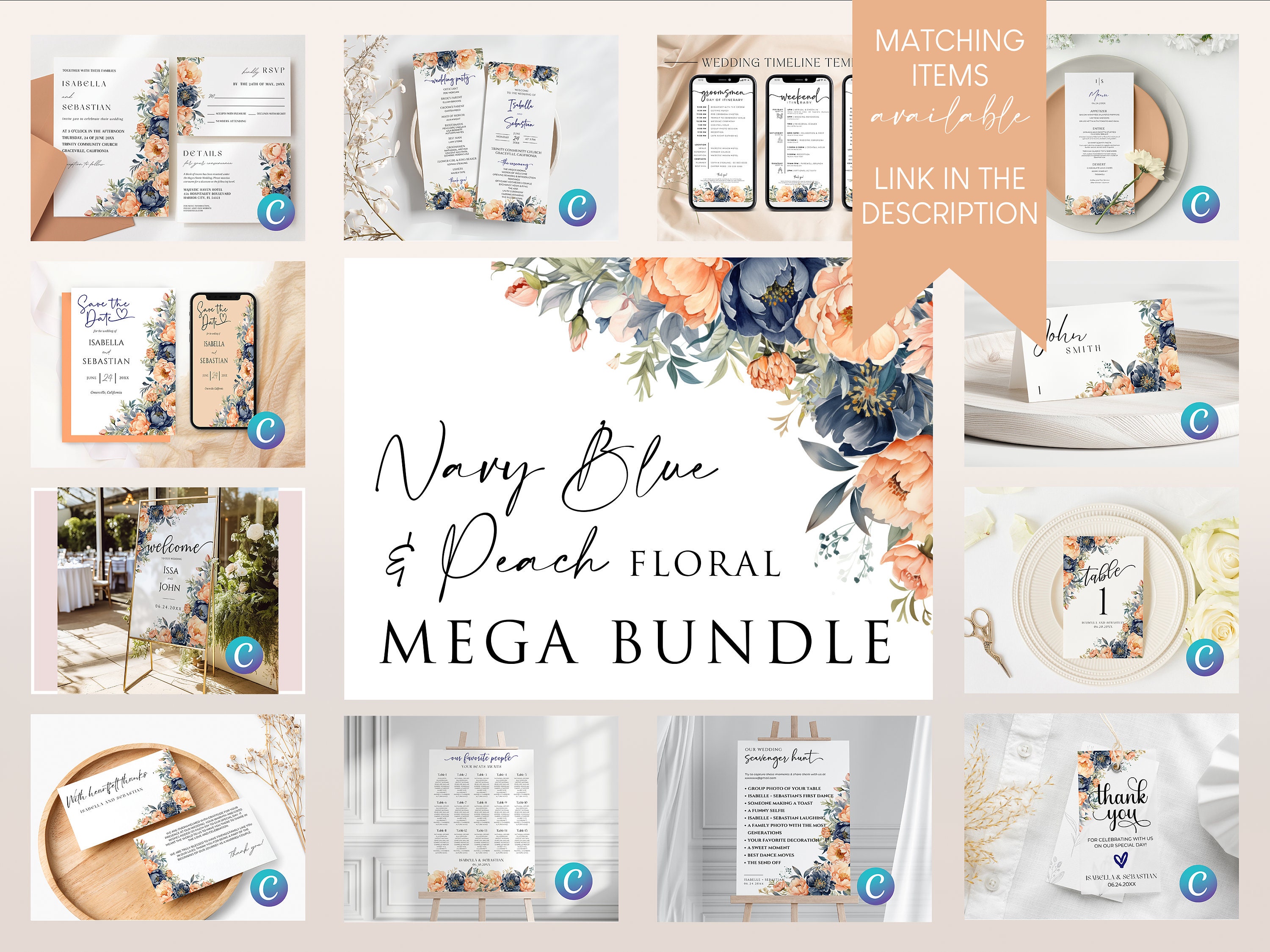 Peach Fuzz & Navy Blue Wedding Program Template Download Canva, Editable Minimalist Floral ...