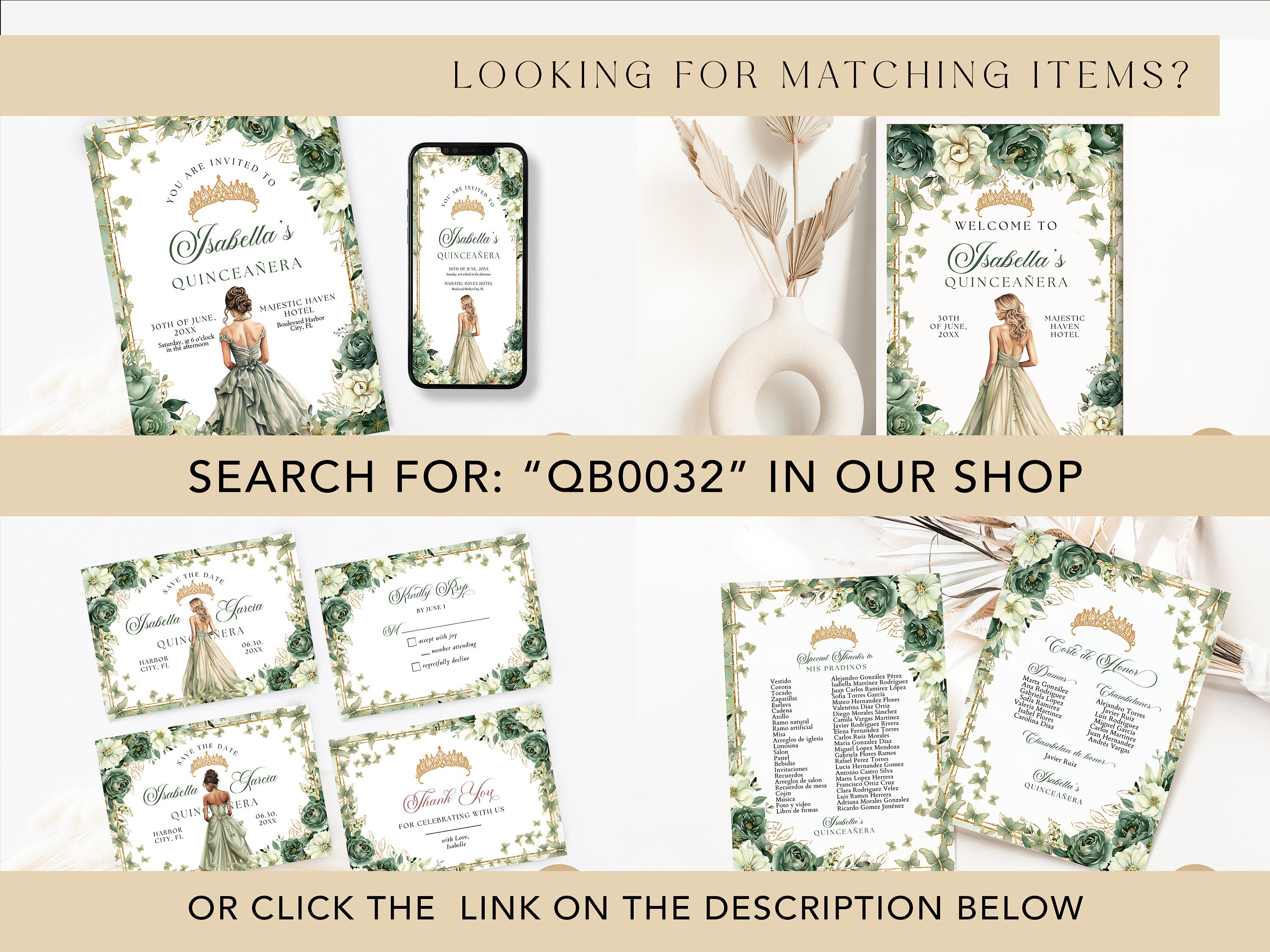 Sage Green Gold Floral Butterfly Princess Quinceanera Save the Date ...