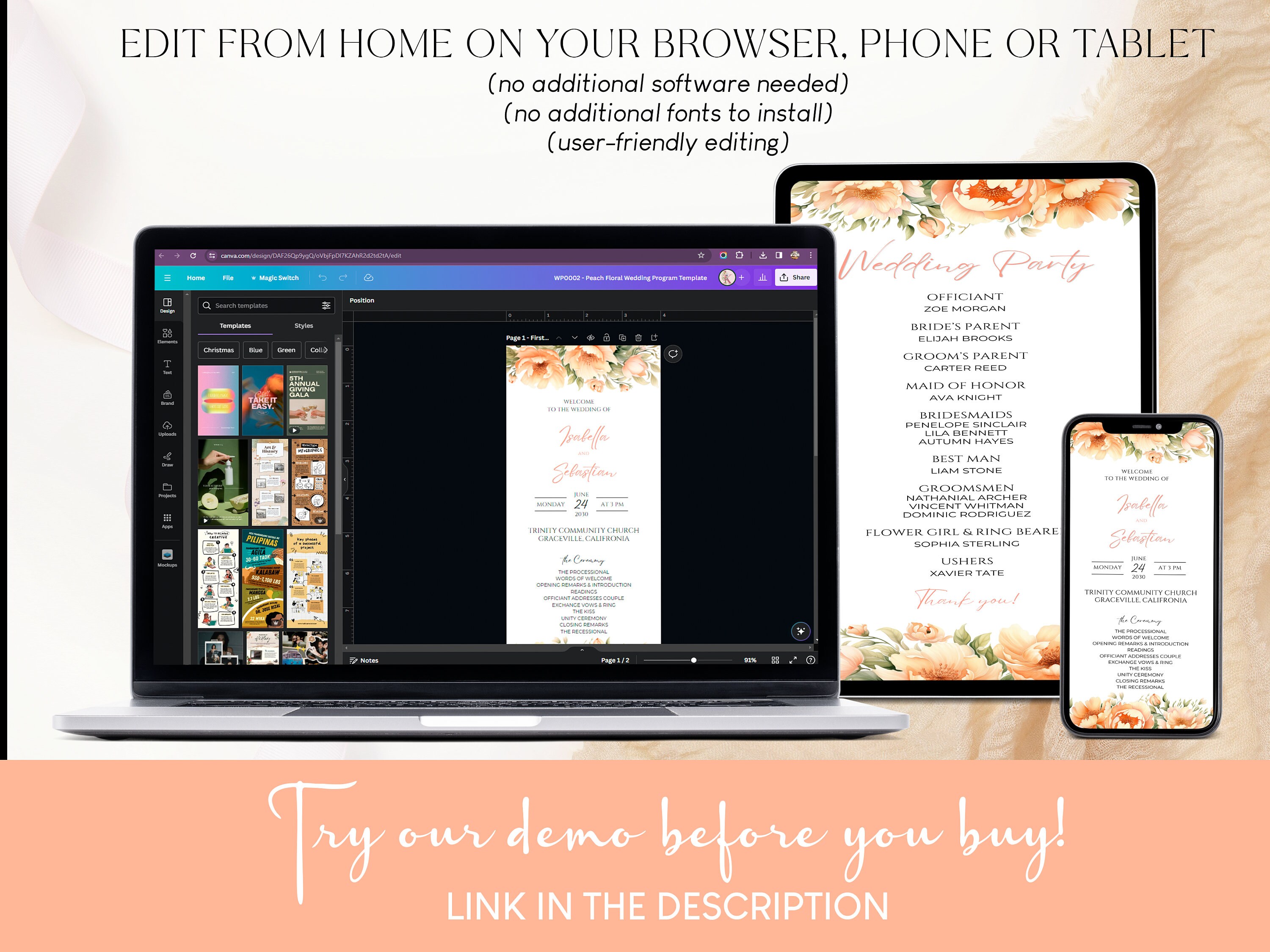 Peach Fuzz Wedding Program Template for Canva, Digital Wedding Program, Elegant Wedding Program ...