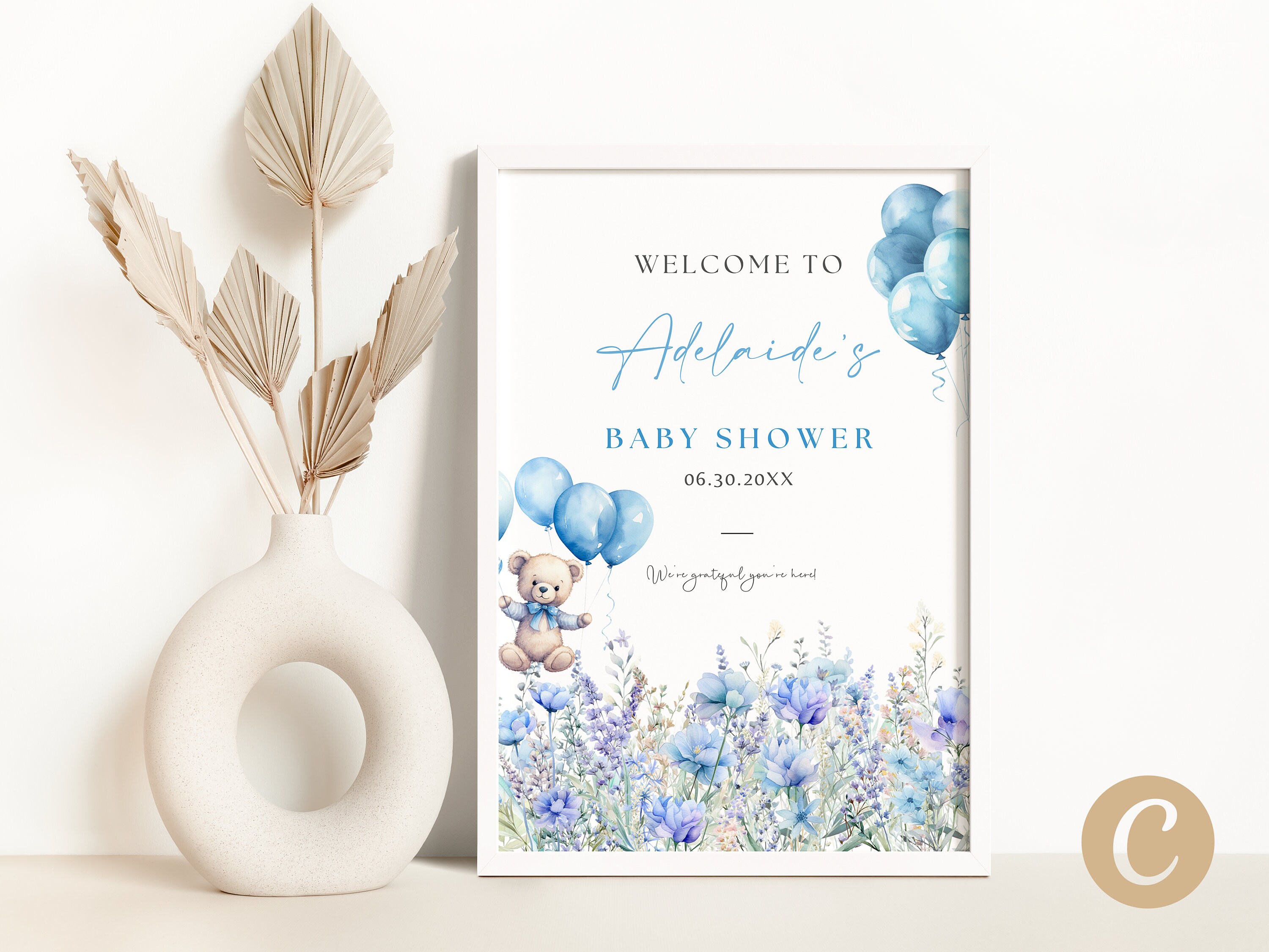 Editable Blue Teddy Bear Baby Shower Welcome Sign Canva Template for ...