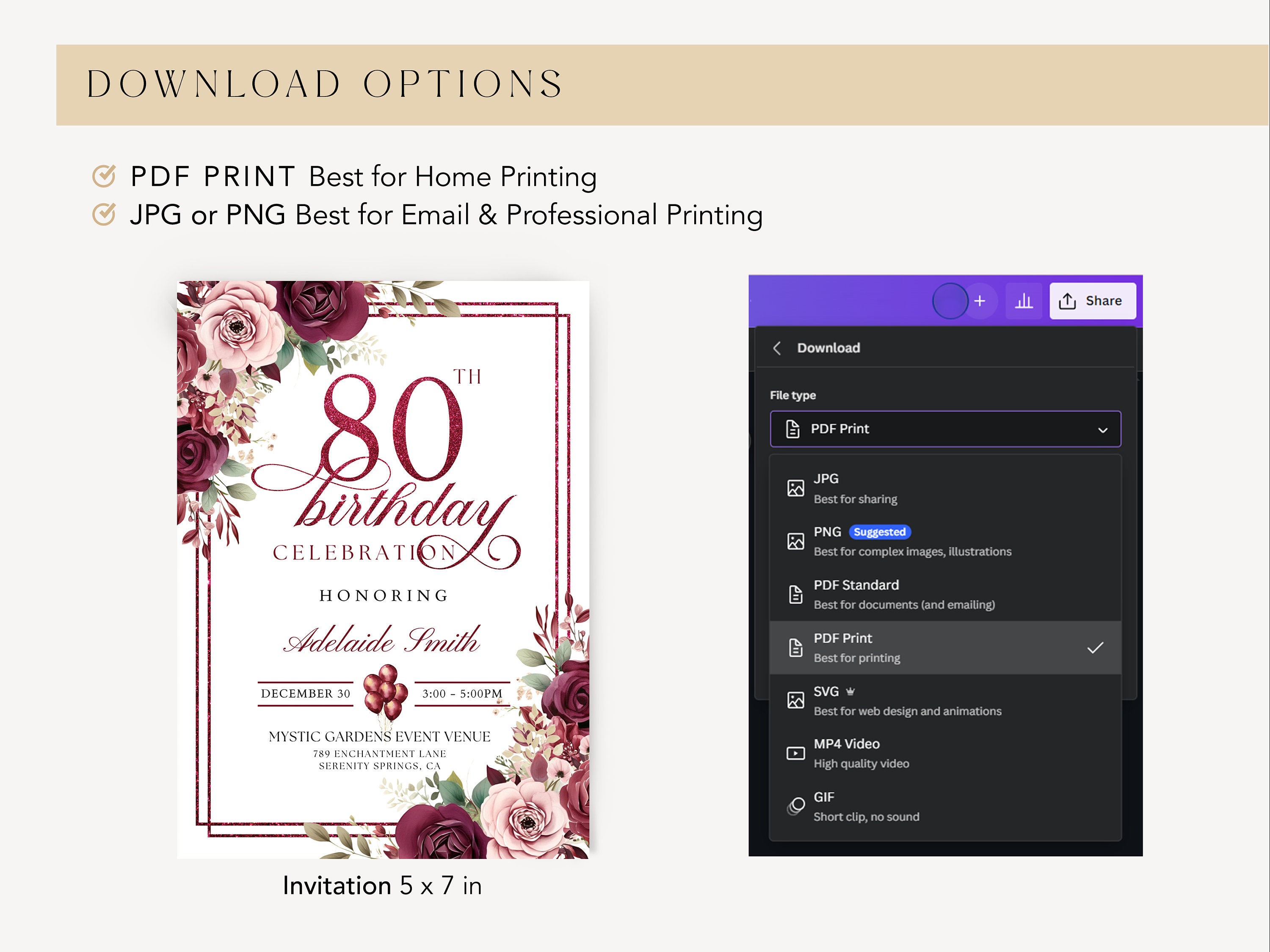 80th Birthday Invitation Canva Template for Mother Grandma, Pink ...