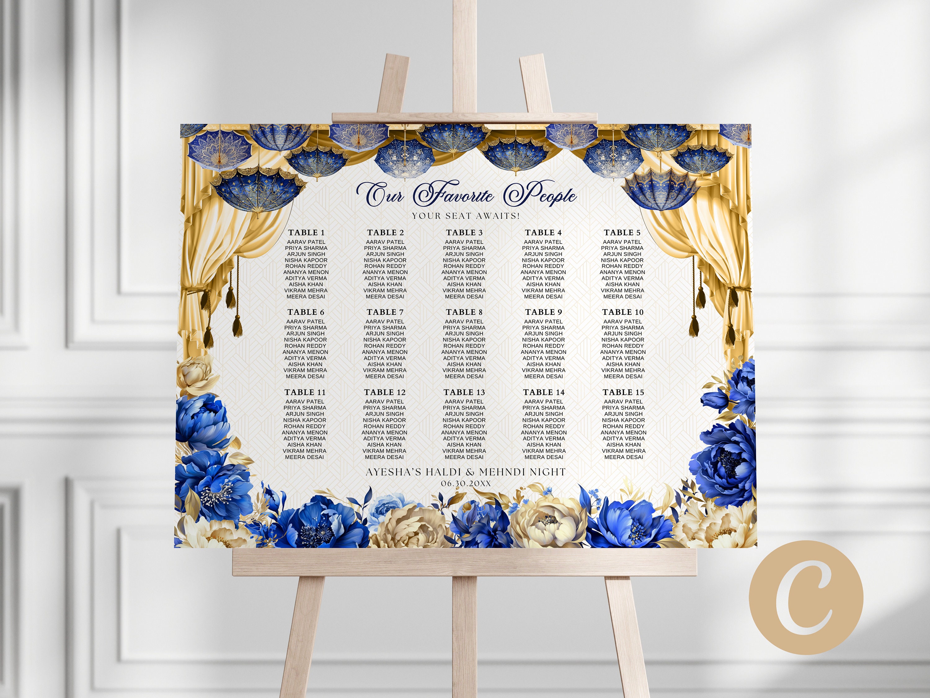 Mehndi Royal Blue Gold Editable Large Seating Chart Canva Template ...