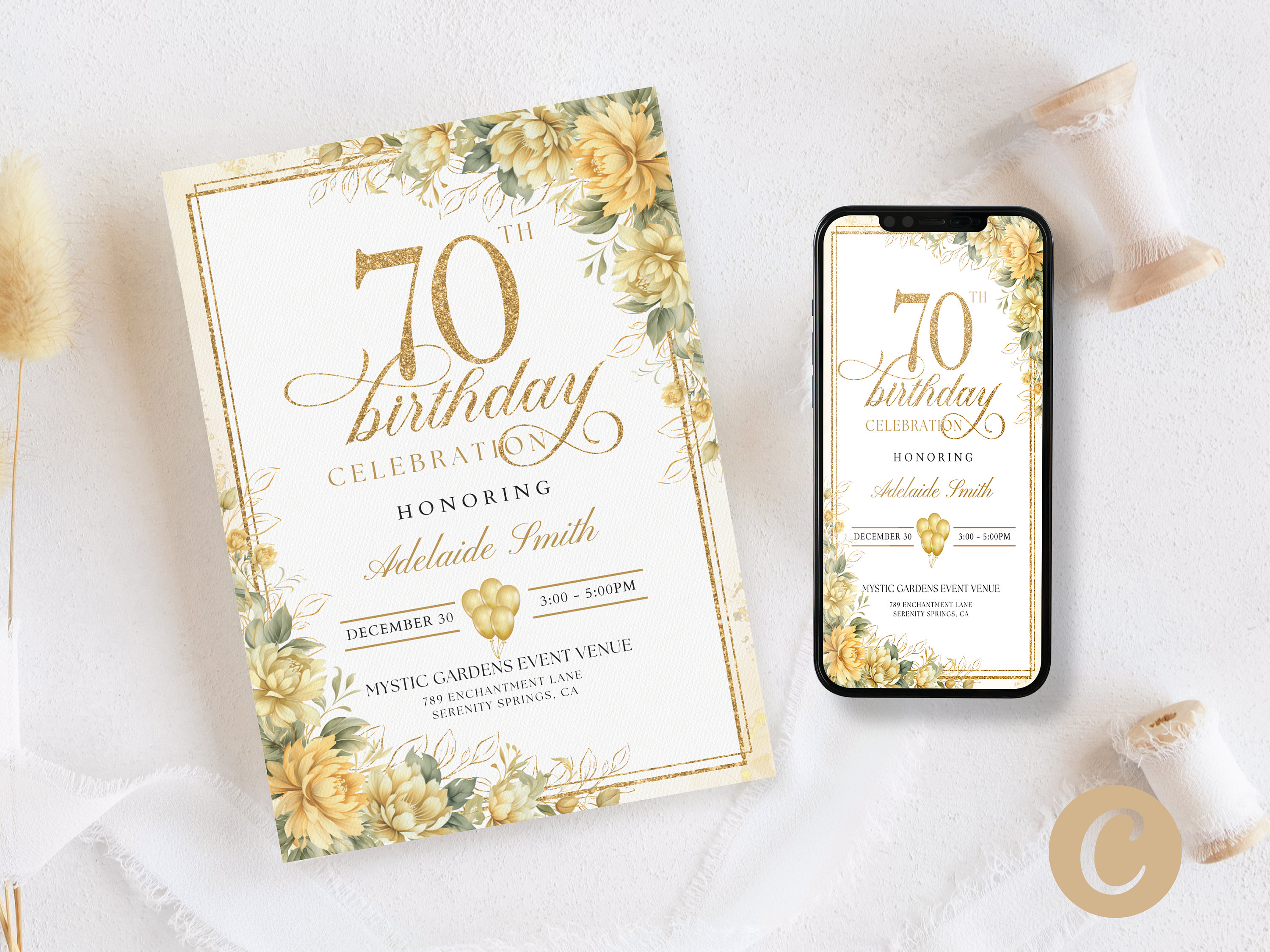 70th Birthday Party Invitation Canva Template for Mother Grandma, Gold ...
