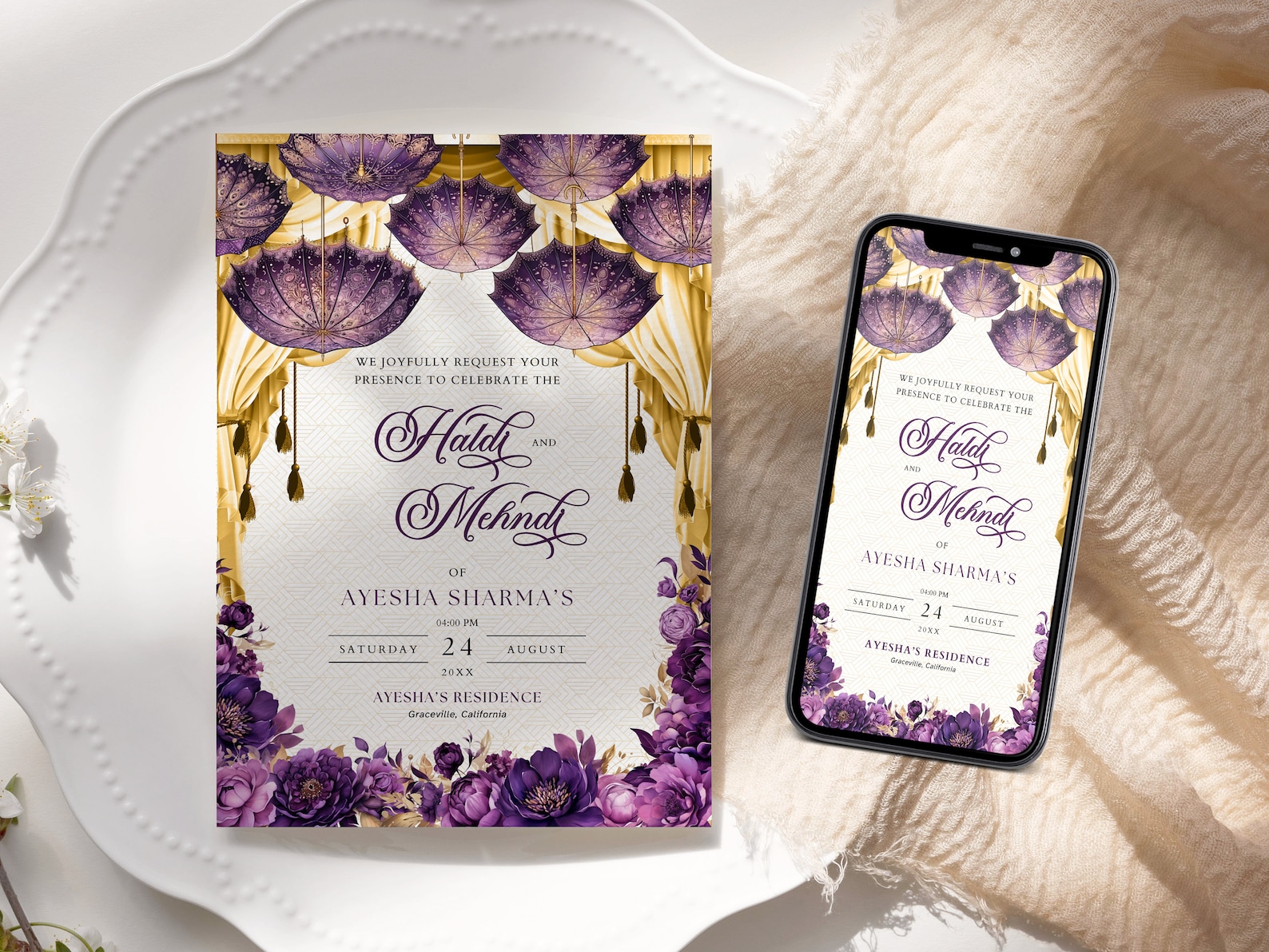 Mehndi Invitation Purple Gold Floral Editable Canva Template for Indian ...