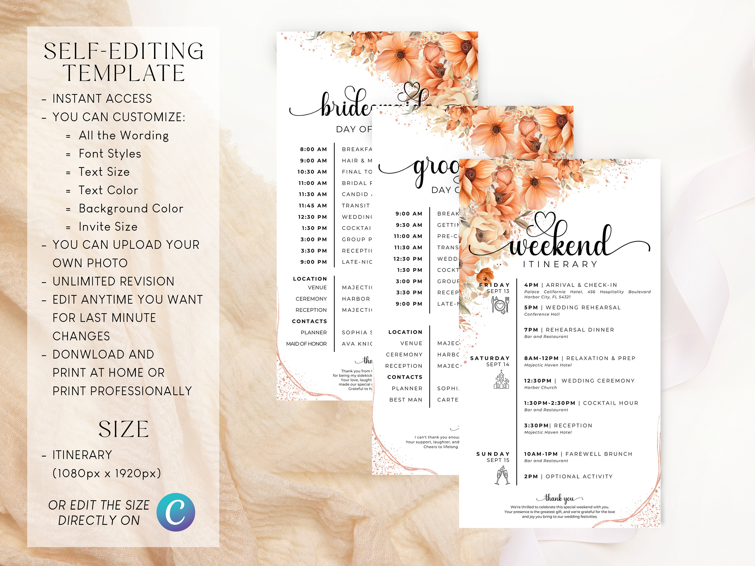 Editable Peach Fuzz Floral Watercolor Wedding Day Timeline Canva ...