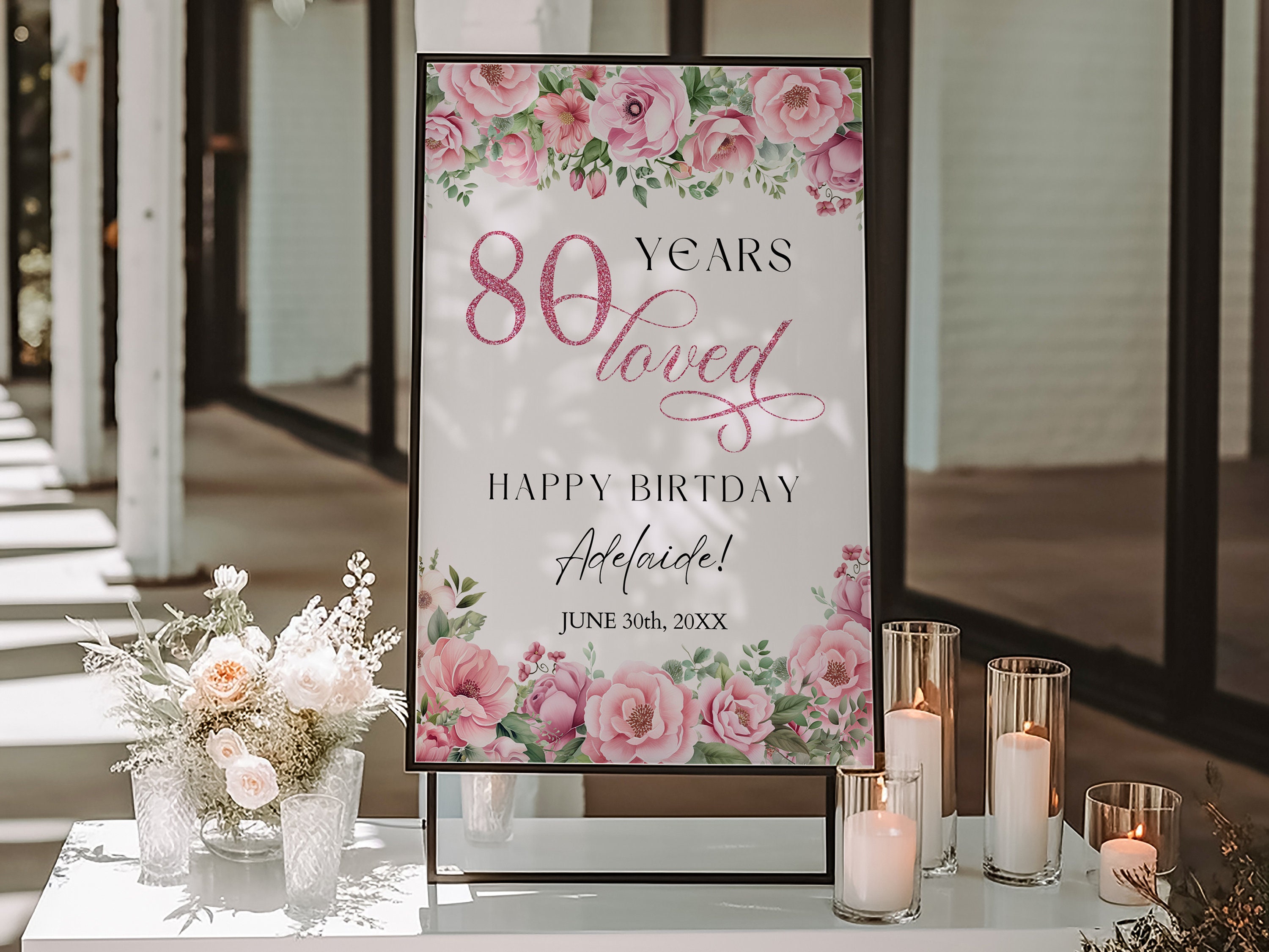 80th Birthday Welcome Sign Template for Mother Grandma Woman, Pink ...