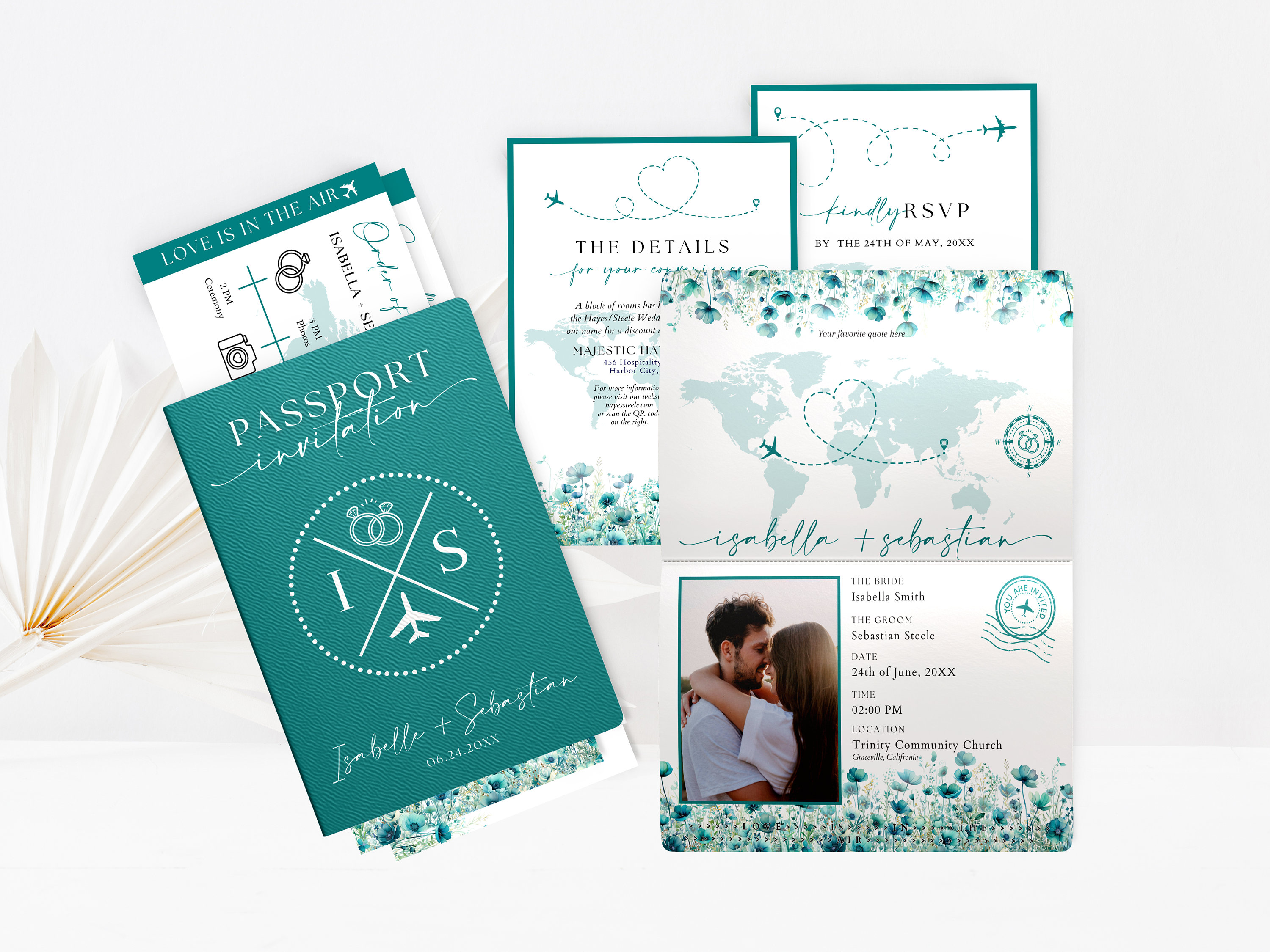 Teal Green Passport Invitation Canva Template W/ Boarding Pass & Save ...