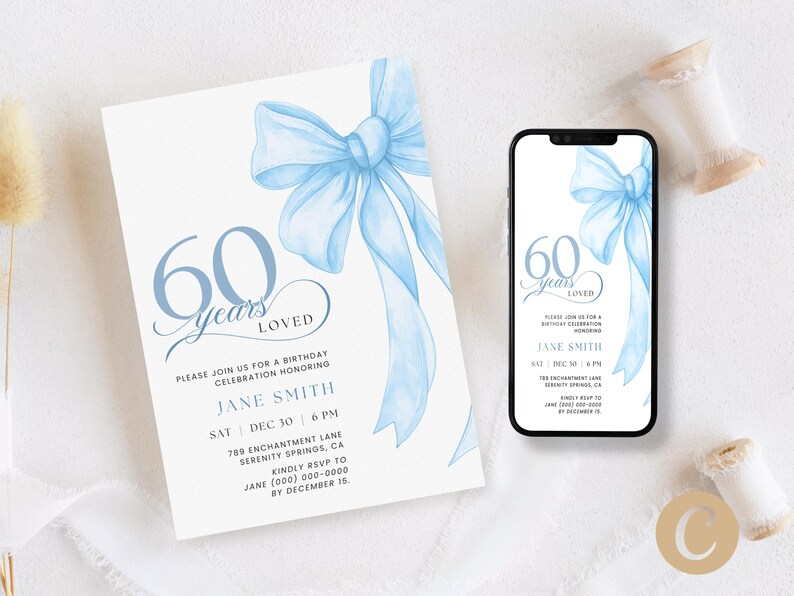 Blue Bow 60th Birthday Party Invitation Template for Mother Grandma ...
