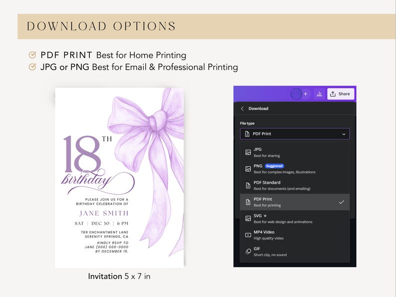 Purple Bow 18th Birthday Invitation Girls, 18 Year Old Lilac Coquette ...