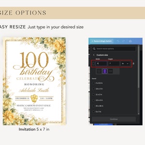 100th Birthday Party Invitation Canva Template for Mother Grandma, Gold ...