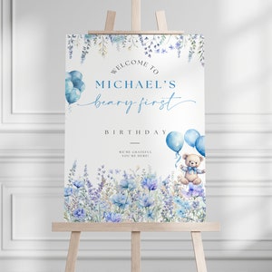 Editable Blue Beary First Birthday Welcome Sign Canva Template ...