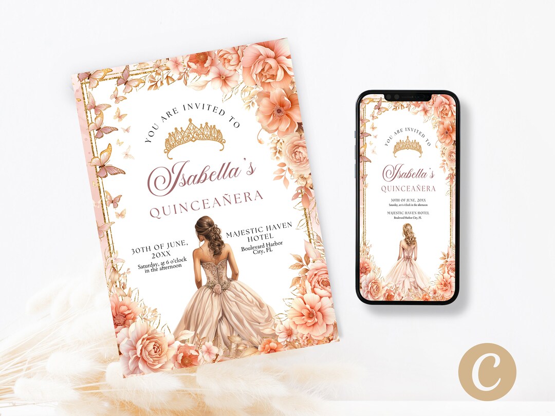 Rose Gold Gold Floral Butterfly Princess Quinceanera Invitations Canva ...