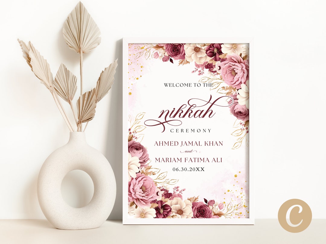 Elegant Dusty Rose Burgundy Floral Nikkah Ceremony Welcome Sign ...