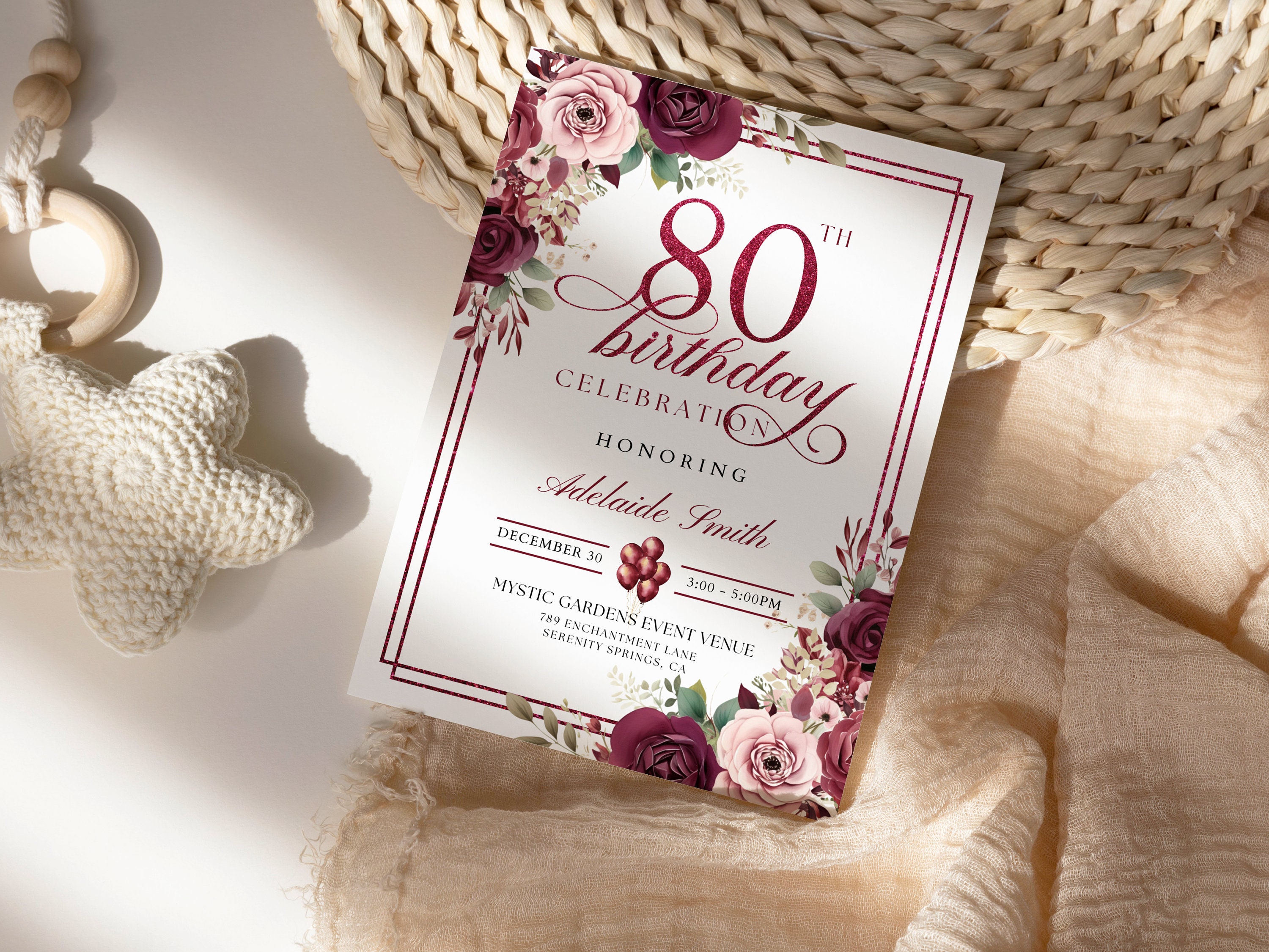 80th Birthday Invitation Canva Template for Mother Grandma, Pink ...