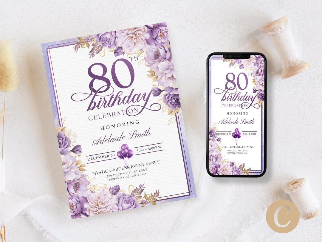 80th Birthday Invitation Canva Template for Mother Grandma, Lilac ...