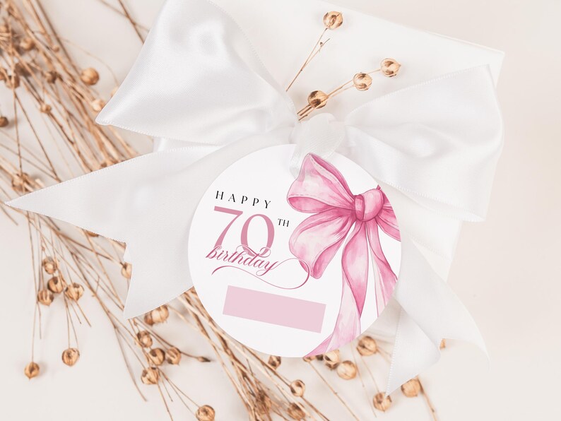 70th Birthday Pink Bow Gift Tag Template for Mother Grandma, Croquette ...
