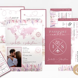 Pink Passport Invitation Canva Template With Boarding Pass & Save the ...