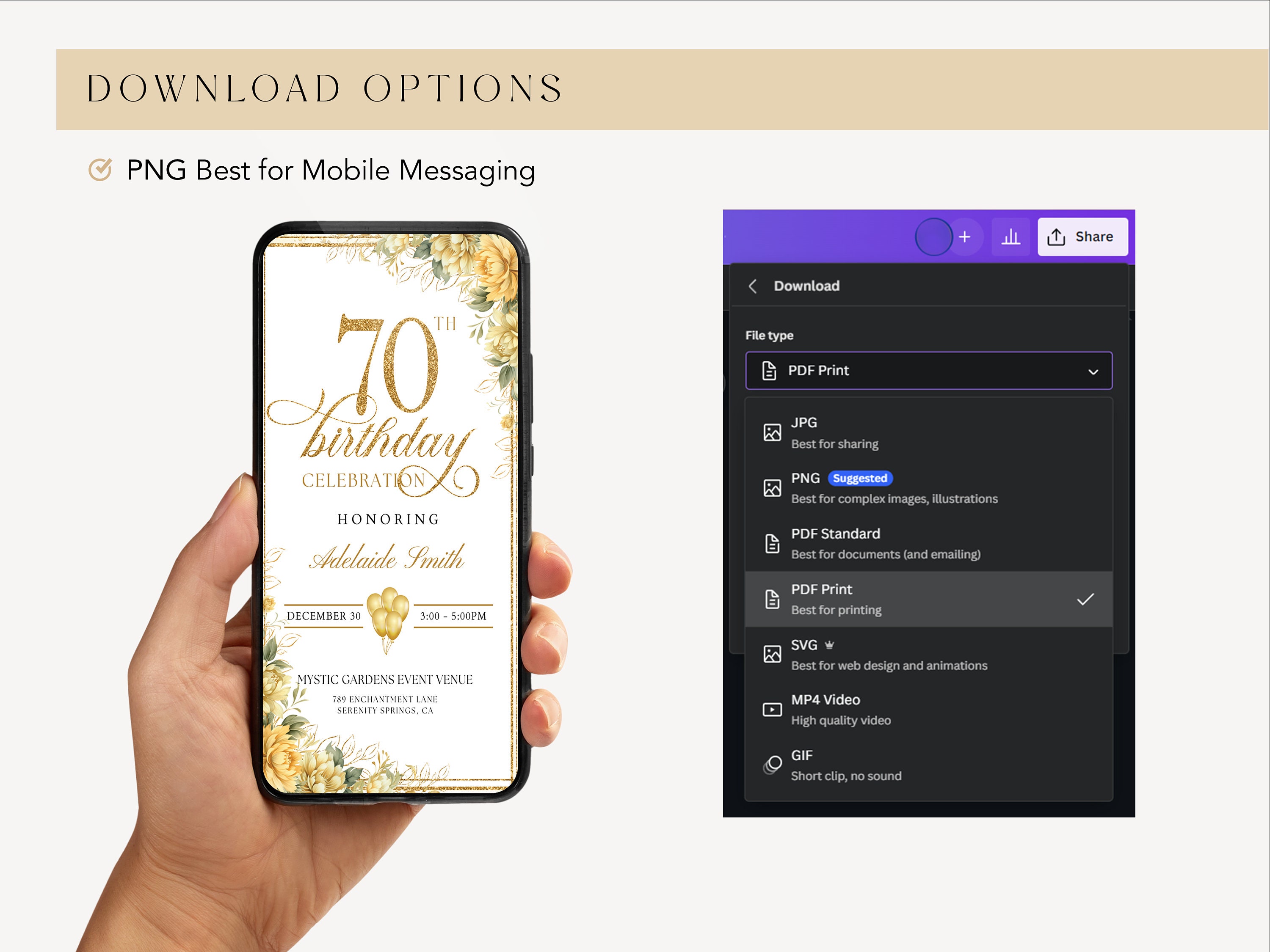 70th Birthday Party Invitation Canva Template for Mother Grandma, Gold ...