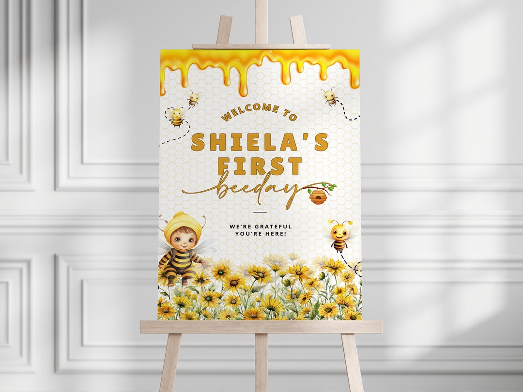 Editable First Bee Day Birthday Welcome Sign Canva Template, Honey Bee ...