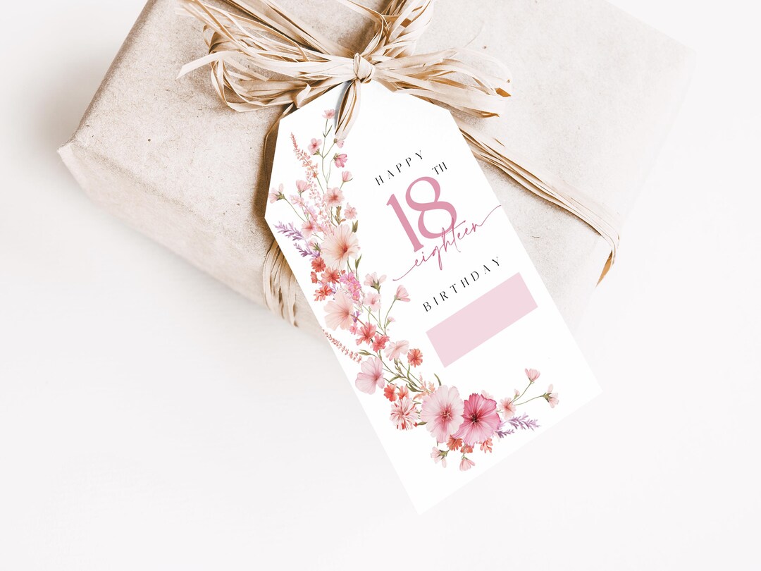 Soft Pink 18th Birthday Gift Tag for Girls, Wildflower 18 Years Old Debut Personalized Tag ...