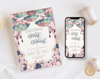 Mehndi Invitation Pink Gold Floral Editable Canva Template for Indian ...