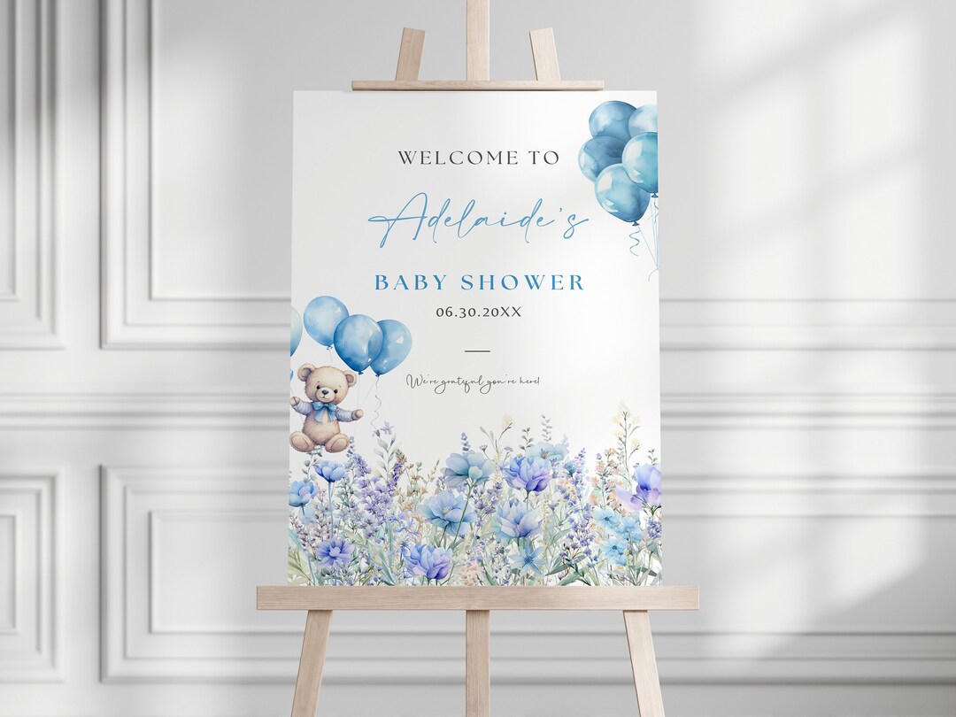 Editable Blue Teddy Bear Baby Shower Welcome Sign Canva Template for ...