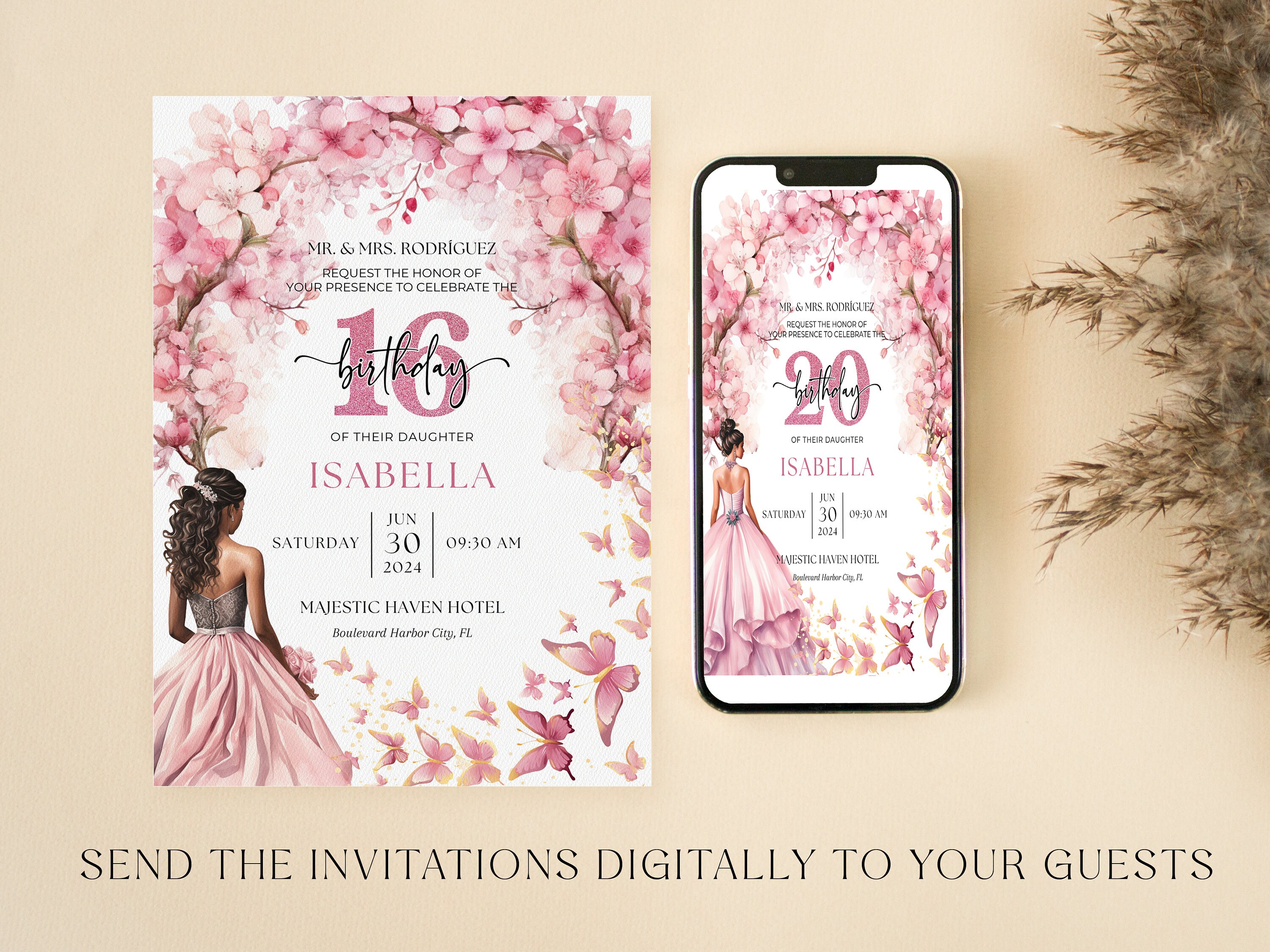 Cherry Blossom Floral Theme Invitation, Princess Butterfly Birthday ...