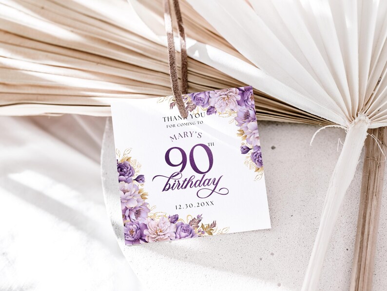 90th Birthday Thank You for Coming Tag Template Mother Grandma, Lilac ...