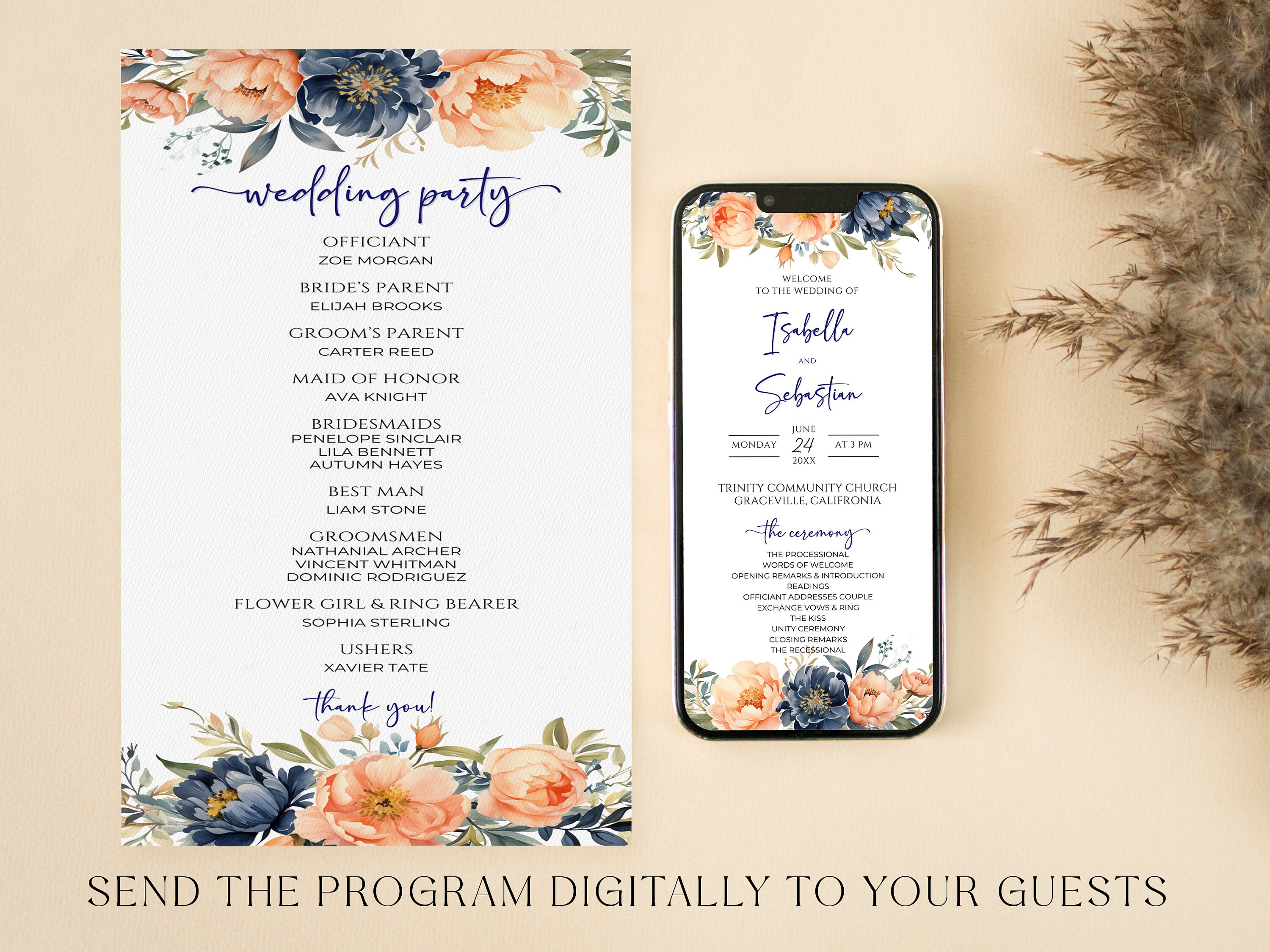 Peach Fuzz & Navy Blue Wedding Program Template Download Canva ...