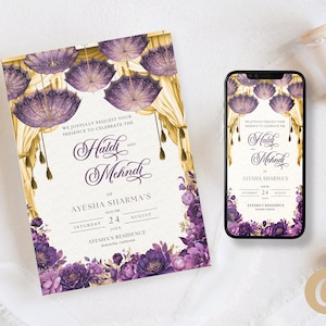 Mehndi Invitation Purple Gold Floral Editable Canva Template for Indian ...