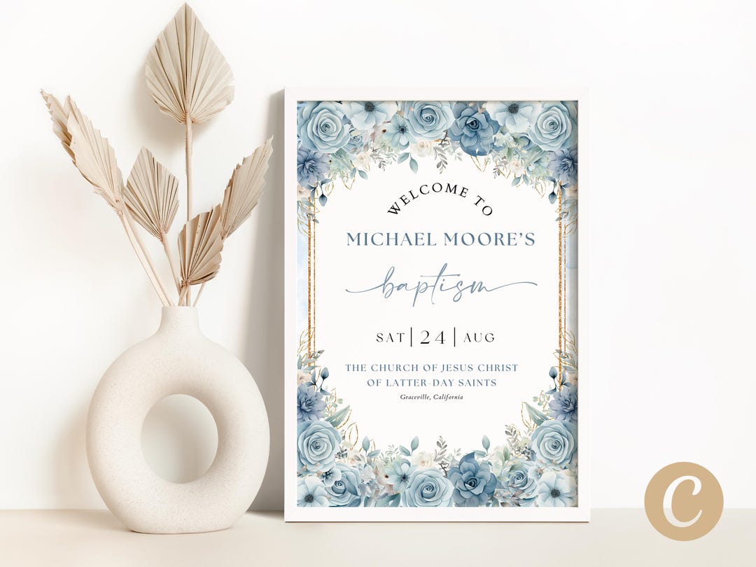 LDS Baptism Welcome Sign Template for Boy Canva Template, Blue Floral ...