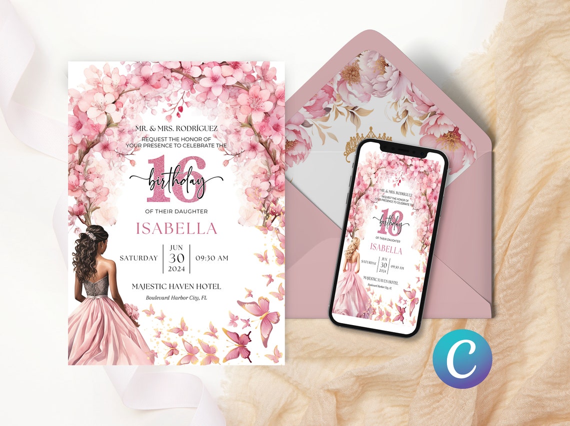 Cherry Blossom Floral Theme Invitation, Princess Butterfly Birthday ...