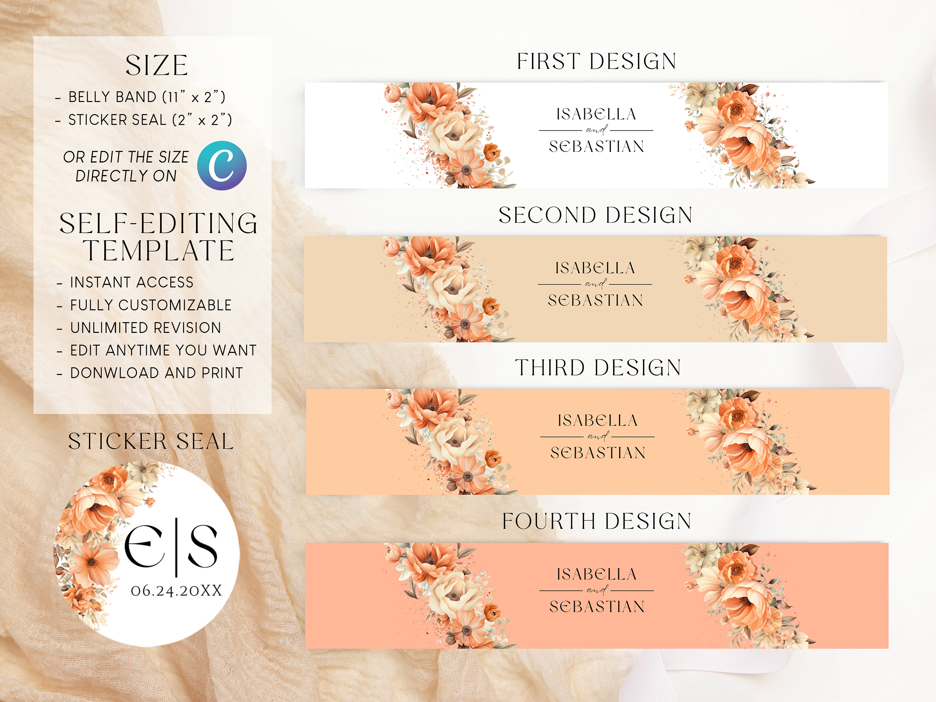 Peach Fuzz Floral Watercolor Arch Wedding Invitation Canva Template ...