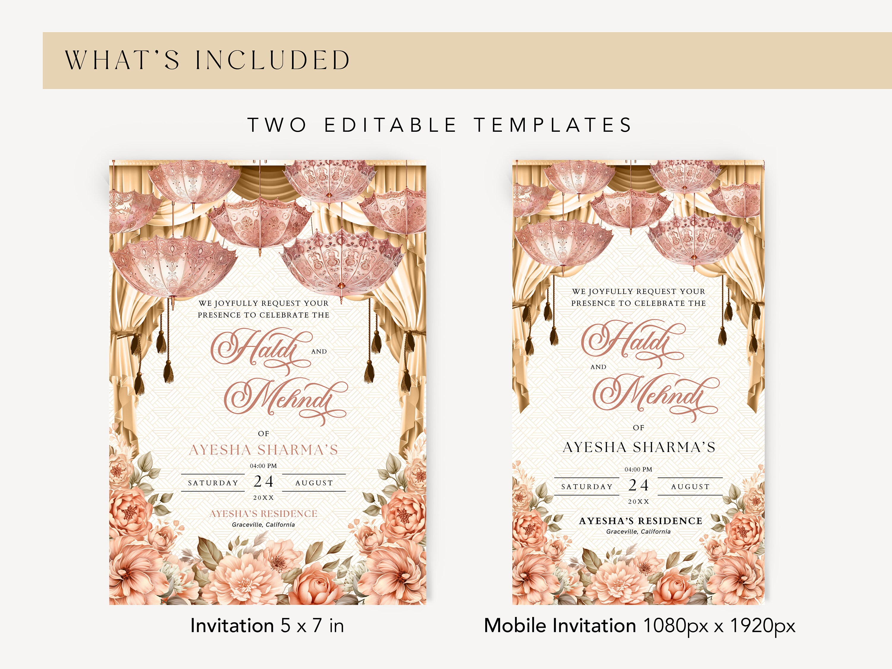 Mehndi Invitation Rose Gold Floral Editable Canva Template for Indian ...