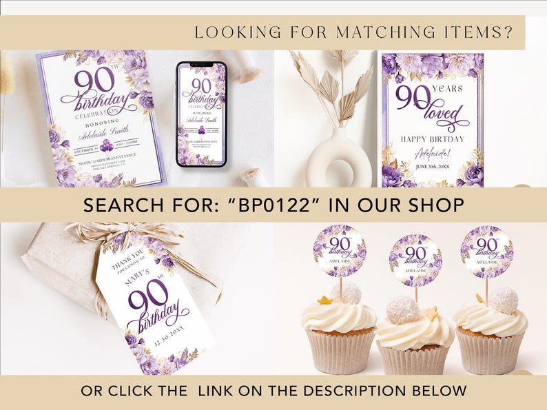 90th Birthday Invitation Canva Template for Mother Grandma, Lilac ...