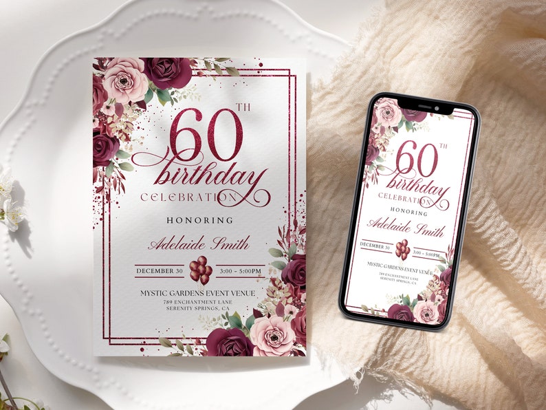 60th Birthday Invitation Canva Template for Mother Grandma, Pink ...