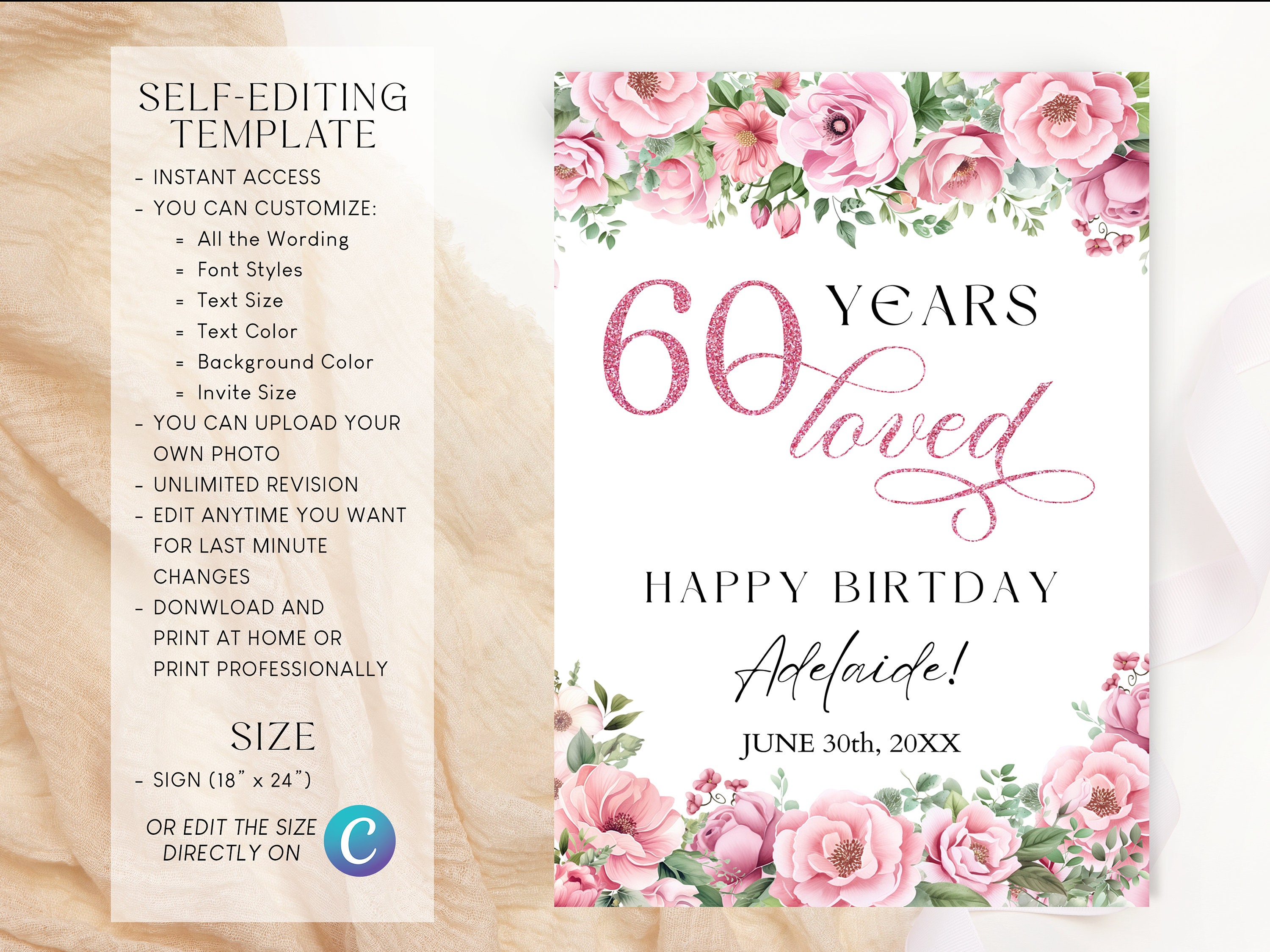 60th Birthday Welcome Sign Template for Mother Grandma Women, Pink ...
