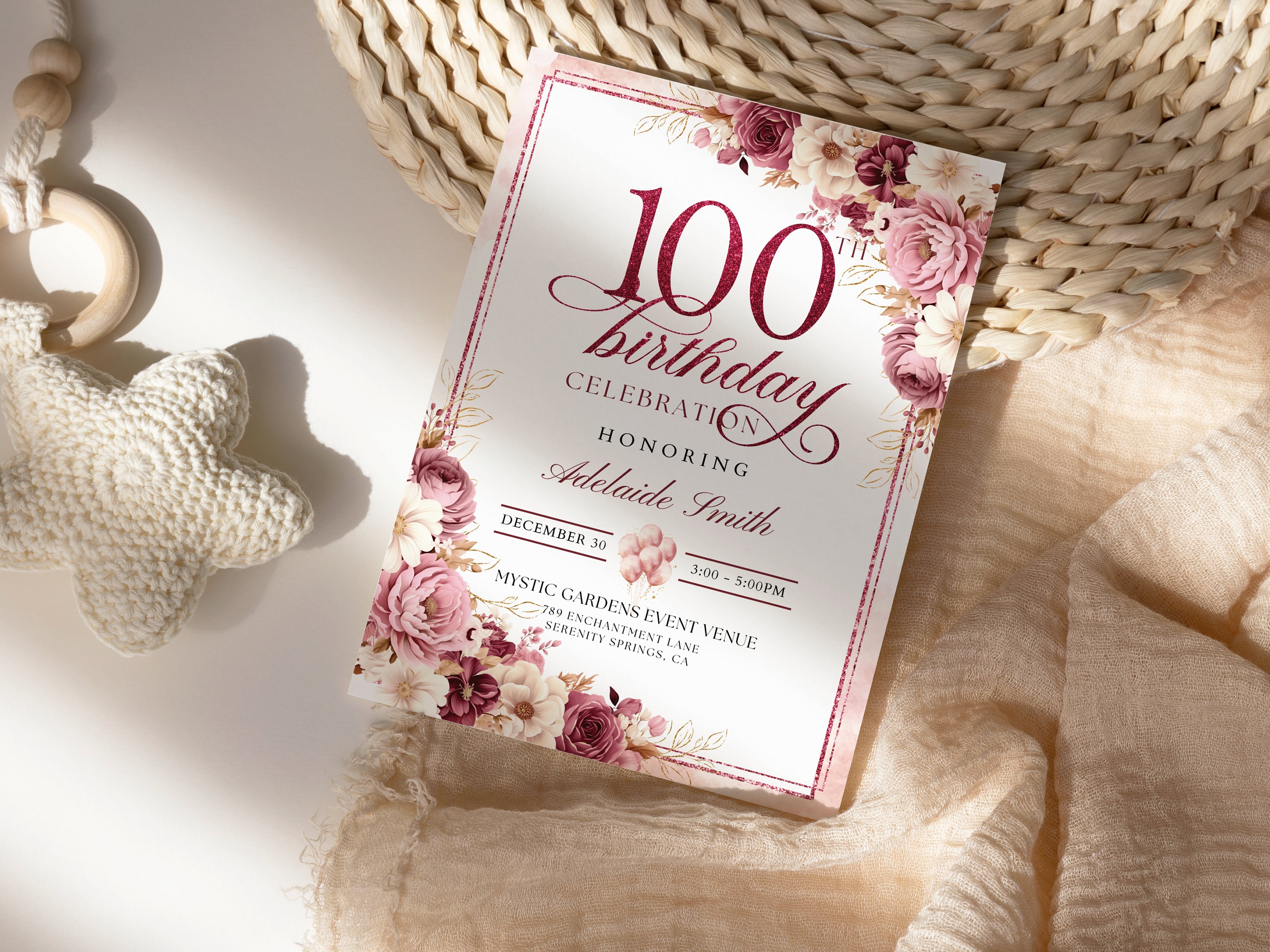 100th Birthday Invitation Canva Template for Mother Grandma, Pink ...