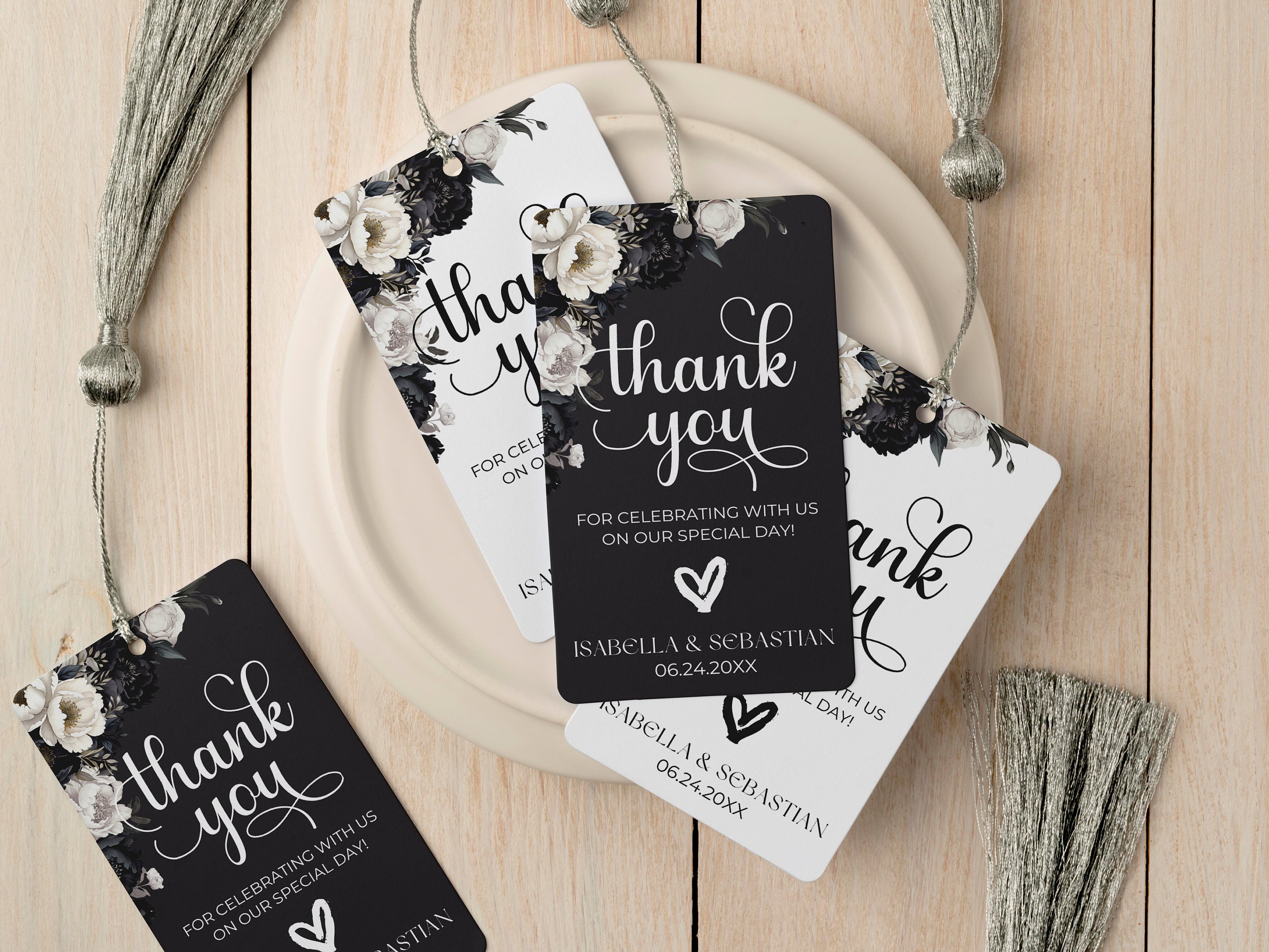 Editable Elegant Minimalist Black & White Floral Wedding Thank You Tag ...